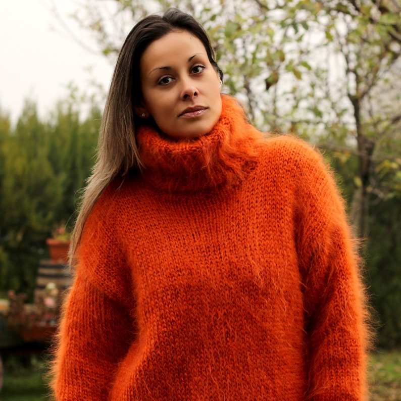 Hand Knit Mohair Sweater Dark Orange Fuzzy Turtleneck Jumper - Etsy