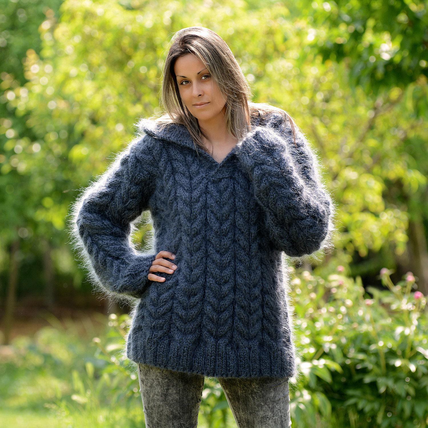 New Hand Knit Mohair Sweater Cable Dark GREY Fuzzy Hooded Jumper ...