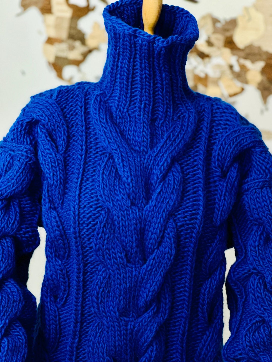 Cable Hand Knitted Wool Sweater, Royal Blue Turtleneck Jumper, Cable ...