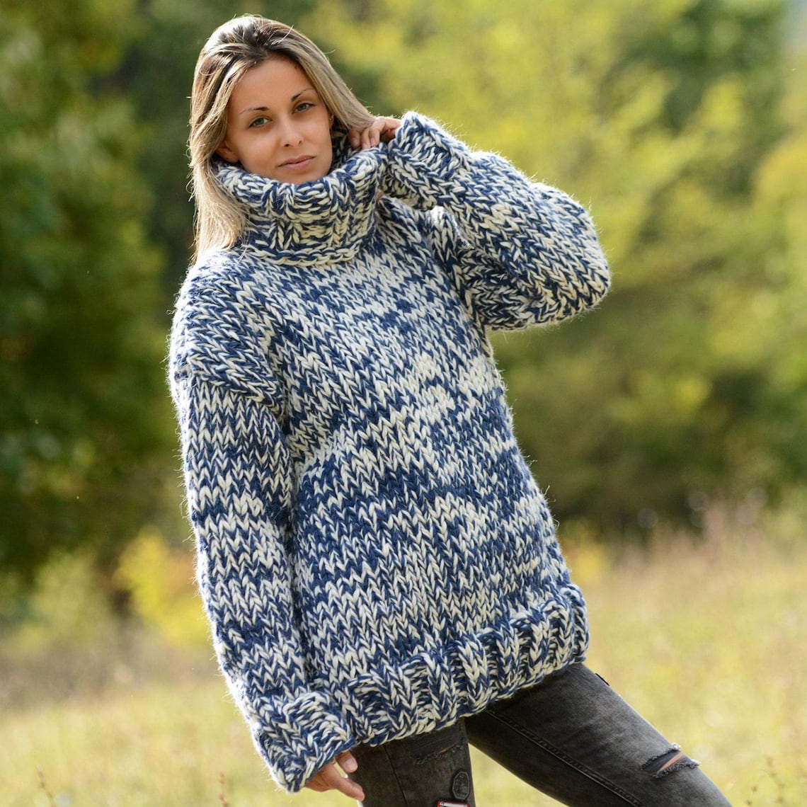 Mega Thick Hand Knitted Pure Wool Sweater Blue Mix Soft Turtleneck ...
