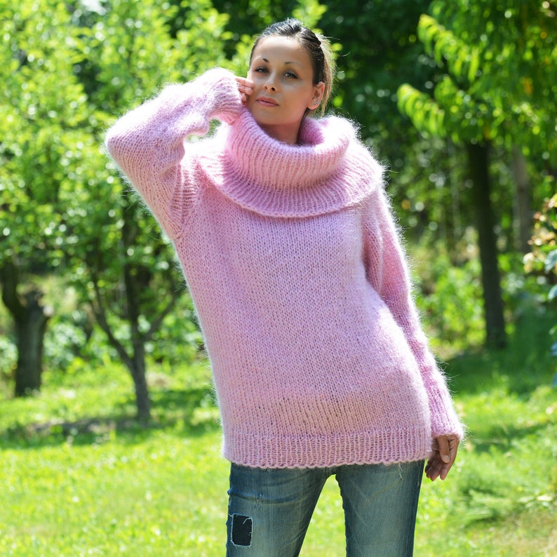 Designer Hand Knitted Mohair Sweater Pink Fuzzy Turtleneck Etsy
