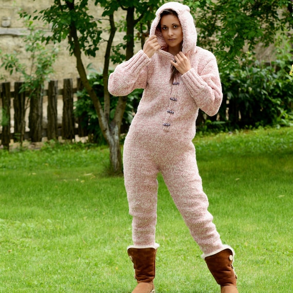 Hand Knit Wool Catsuit Hooded Sweater Pink White Mix Fuzzy | Etsy