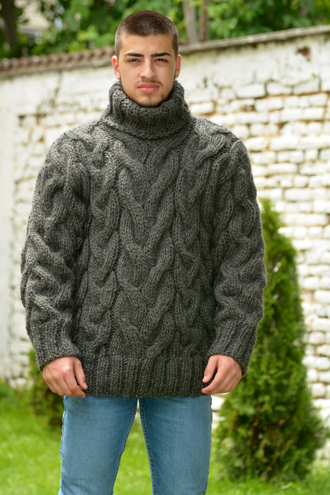 Hand Knitted Wool Sweater Cable Handmade Pullover Turtleneck - Etsy