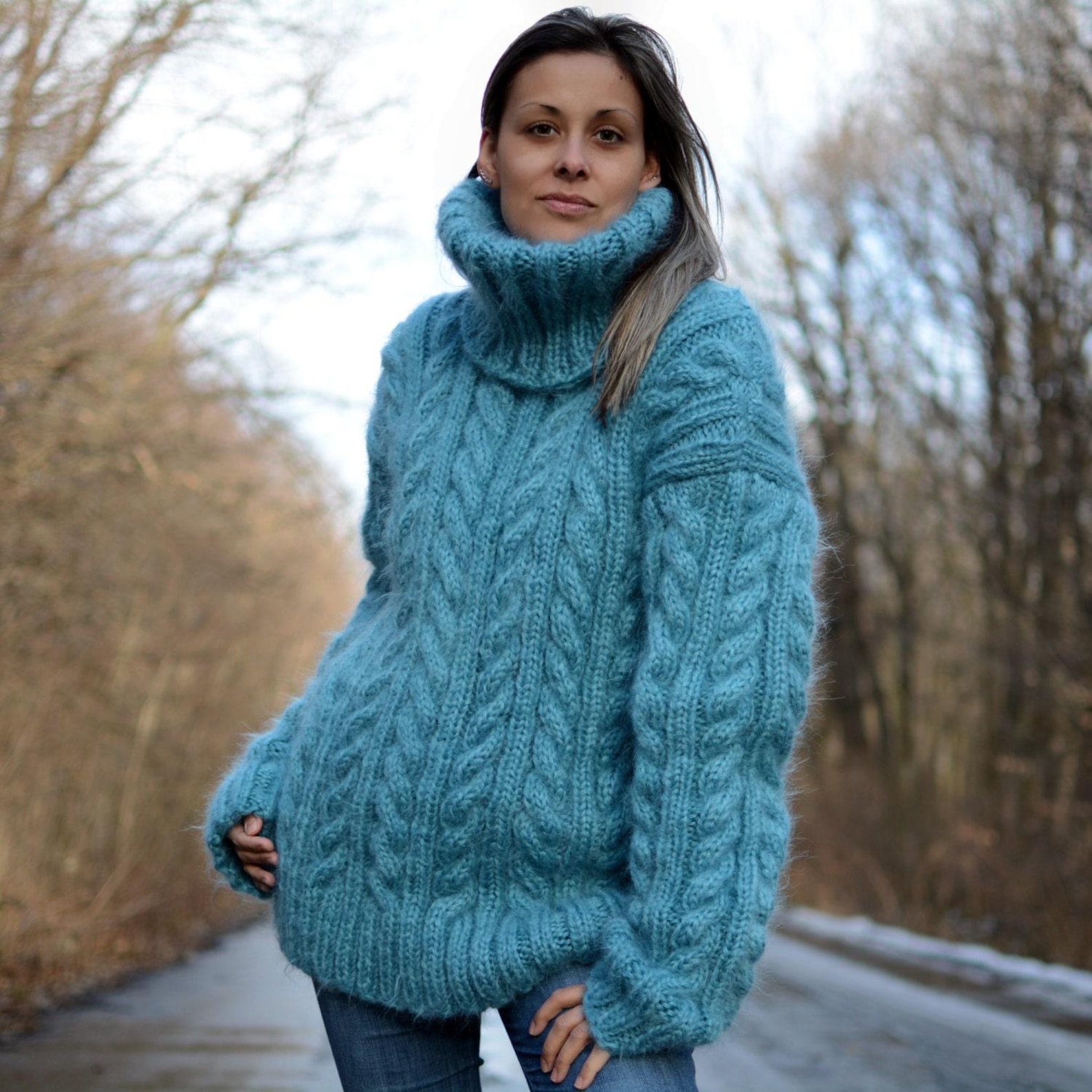 Hand Knit Mohair Sweater Cable Dull BLUE Fuzzy Turtleneck Jumper ...