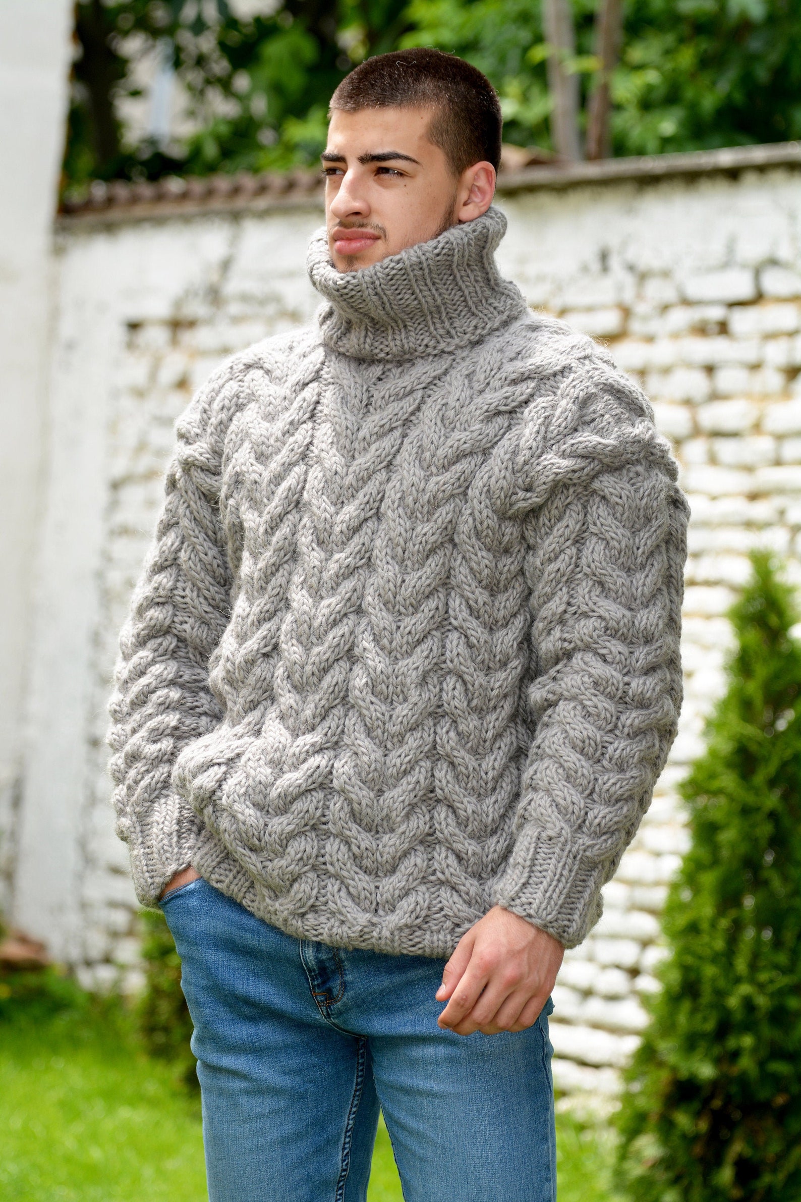 Designer Hand Knitted Wool Sweater Thick Cable Light Grey Mix - Etsy