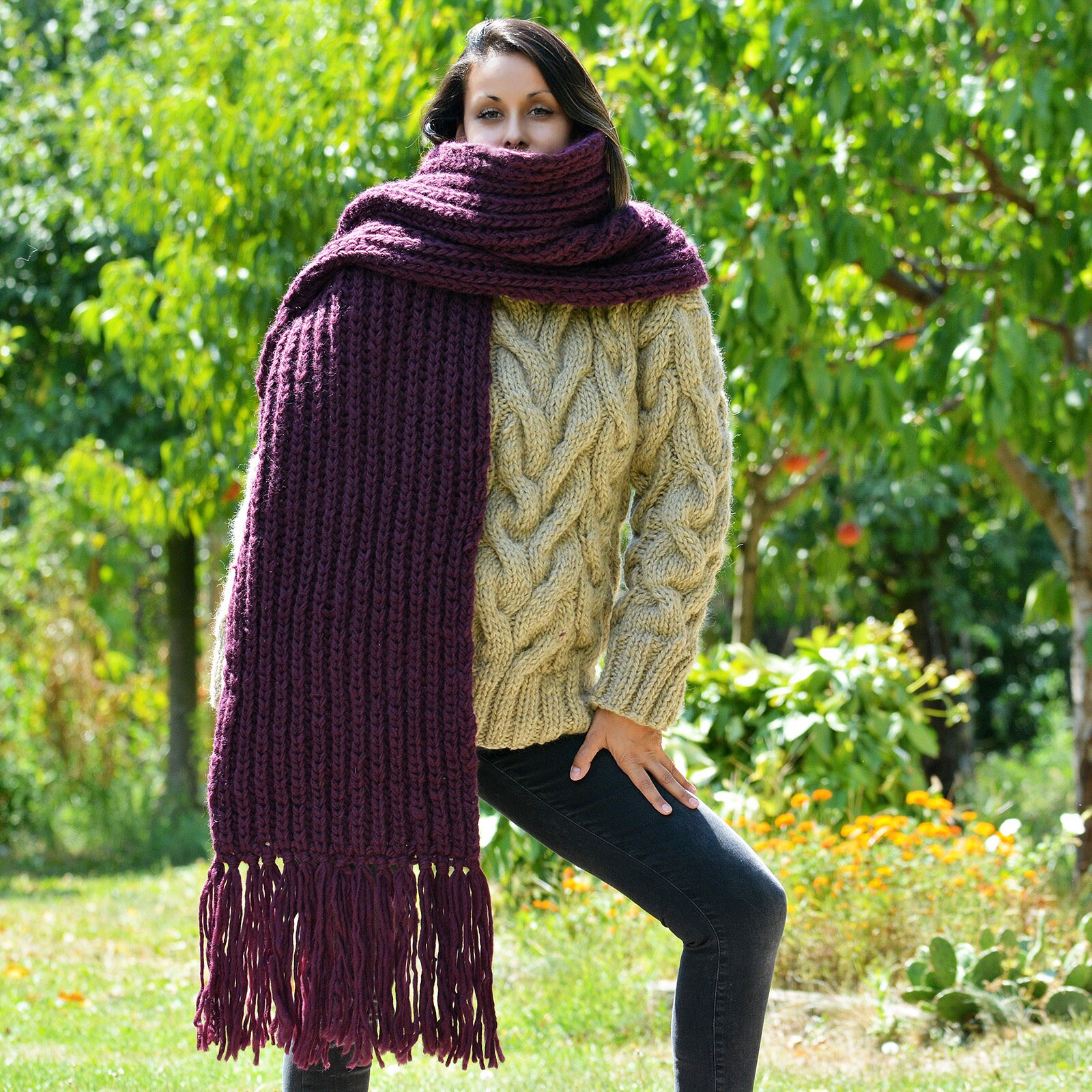 Hand Knitted Scarf 100% Wool Wrap Knit Dark Fuchsia Chunky - Etsy