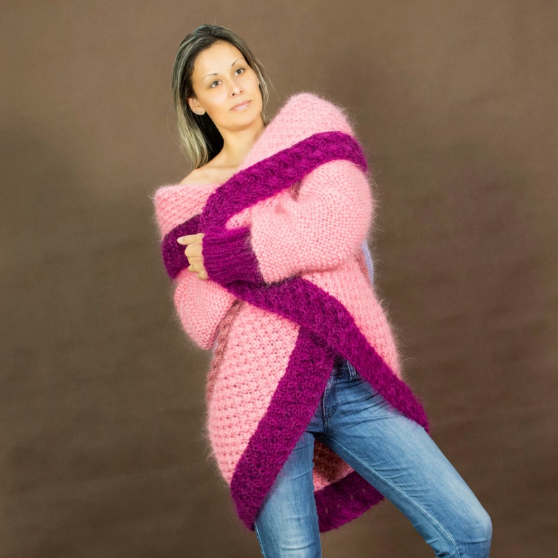 Hand Knitted Mohair Cardigan Multicolor Thick Fuzzy Coat Etsy