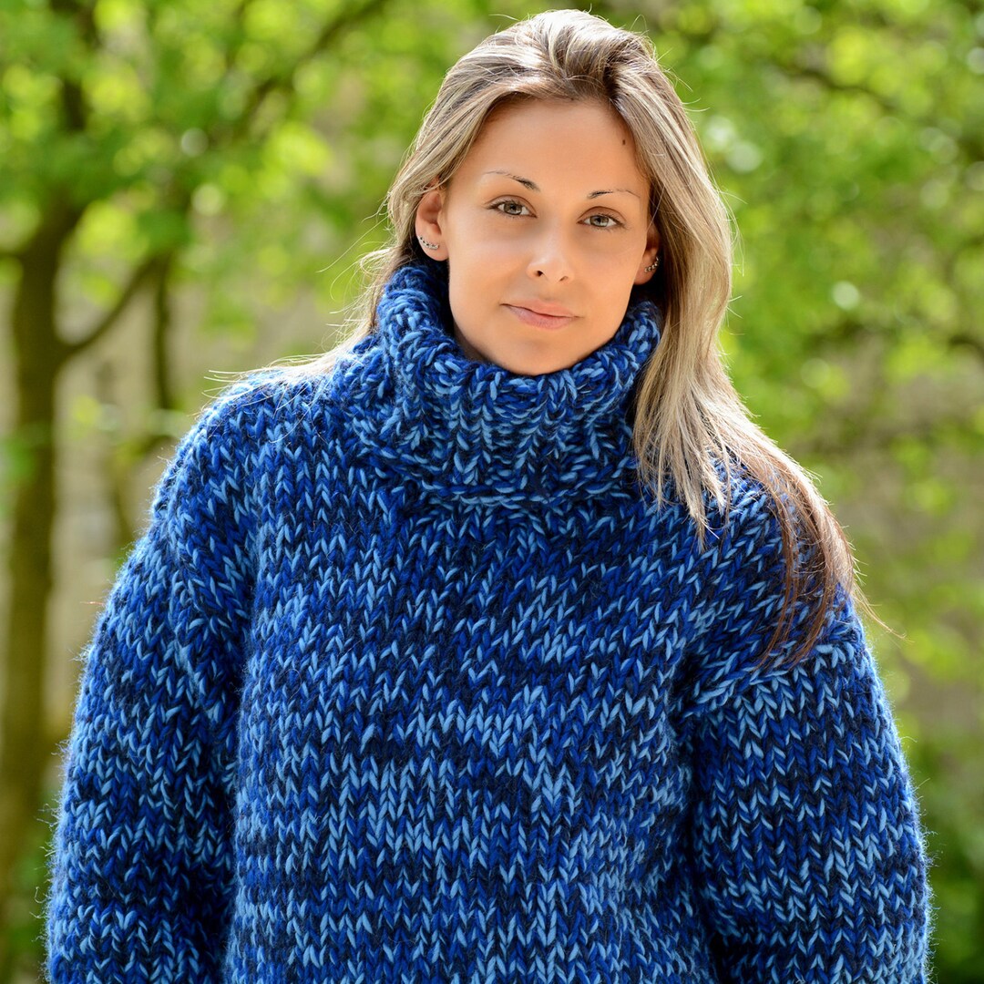 Thick Hand Knitted Pure Wool Sweater Blue Mix Soft Turtleneck Jumper ...