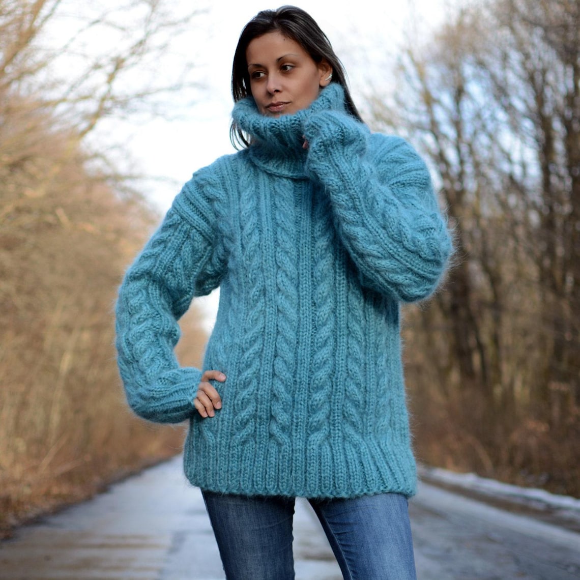 Hand Knit Mohair Sweater Cable Dull BLUE Fuzzy Turtleneck Jumper ...