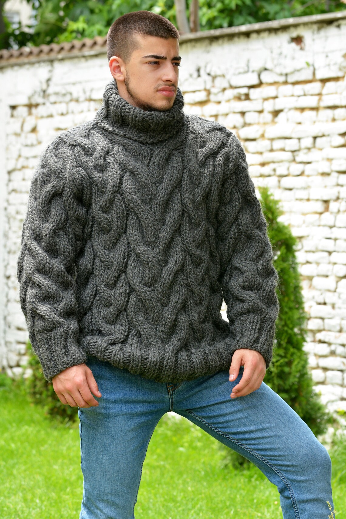 Hand Knitted Wool Sweater Cable Handmade Pullover Turtleneck - Etsy