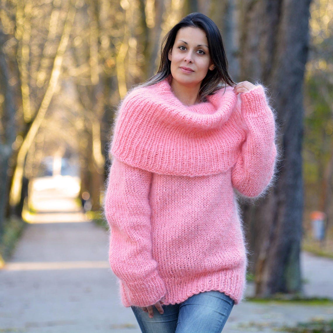 Rosa Pullover, Handgestrickter Mohair Pullover Rollkragen Fuzzy Pulli ...