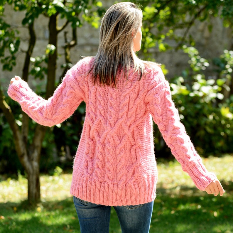 Hand Knitted Pure Wool Sweater Pink Soft Crew Neck Cable - Etsy
