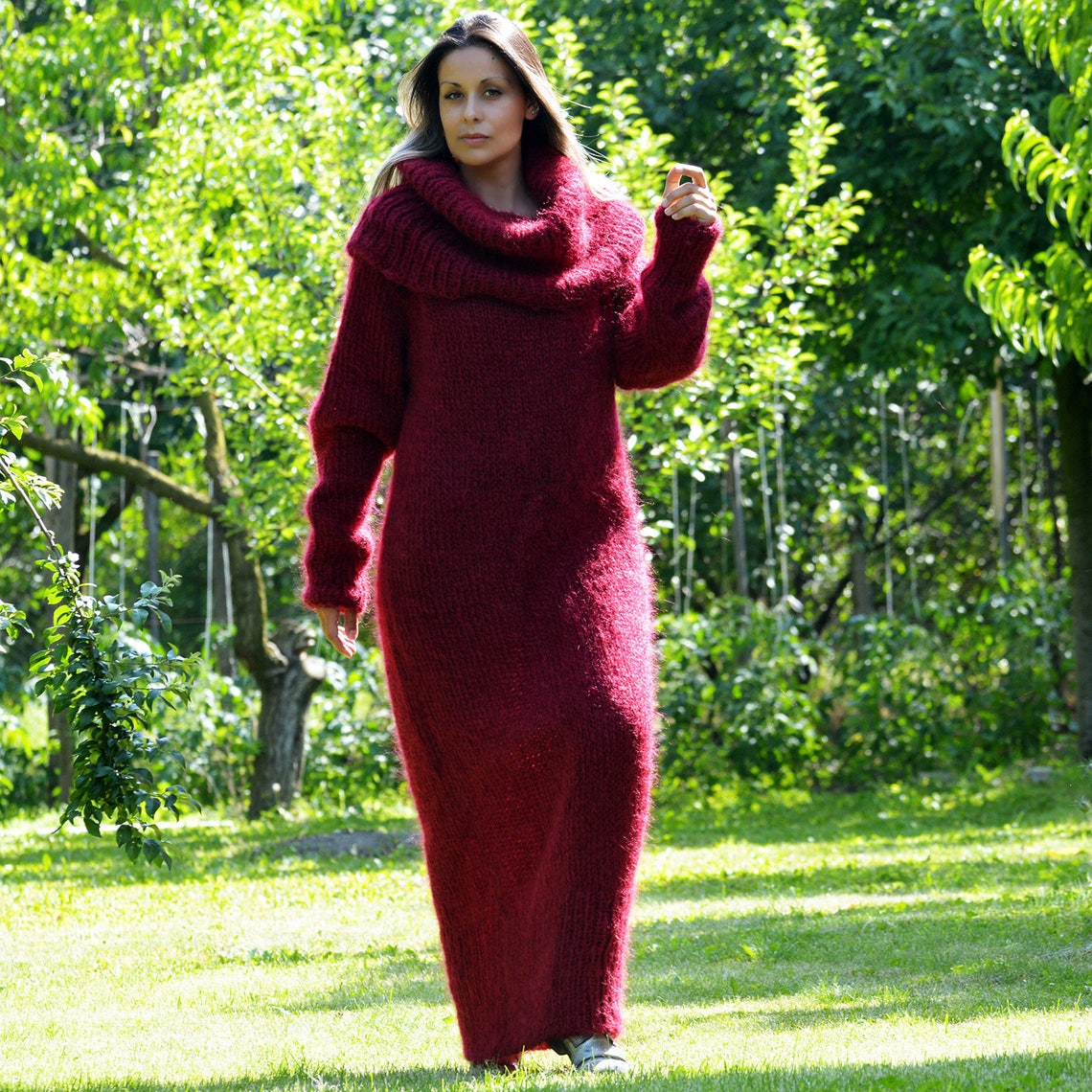 Hand Knitted Mohair Turtleneck Dress Long Fuzzy Red Fluffy | Etsy