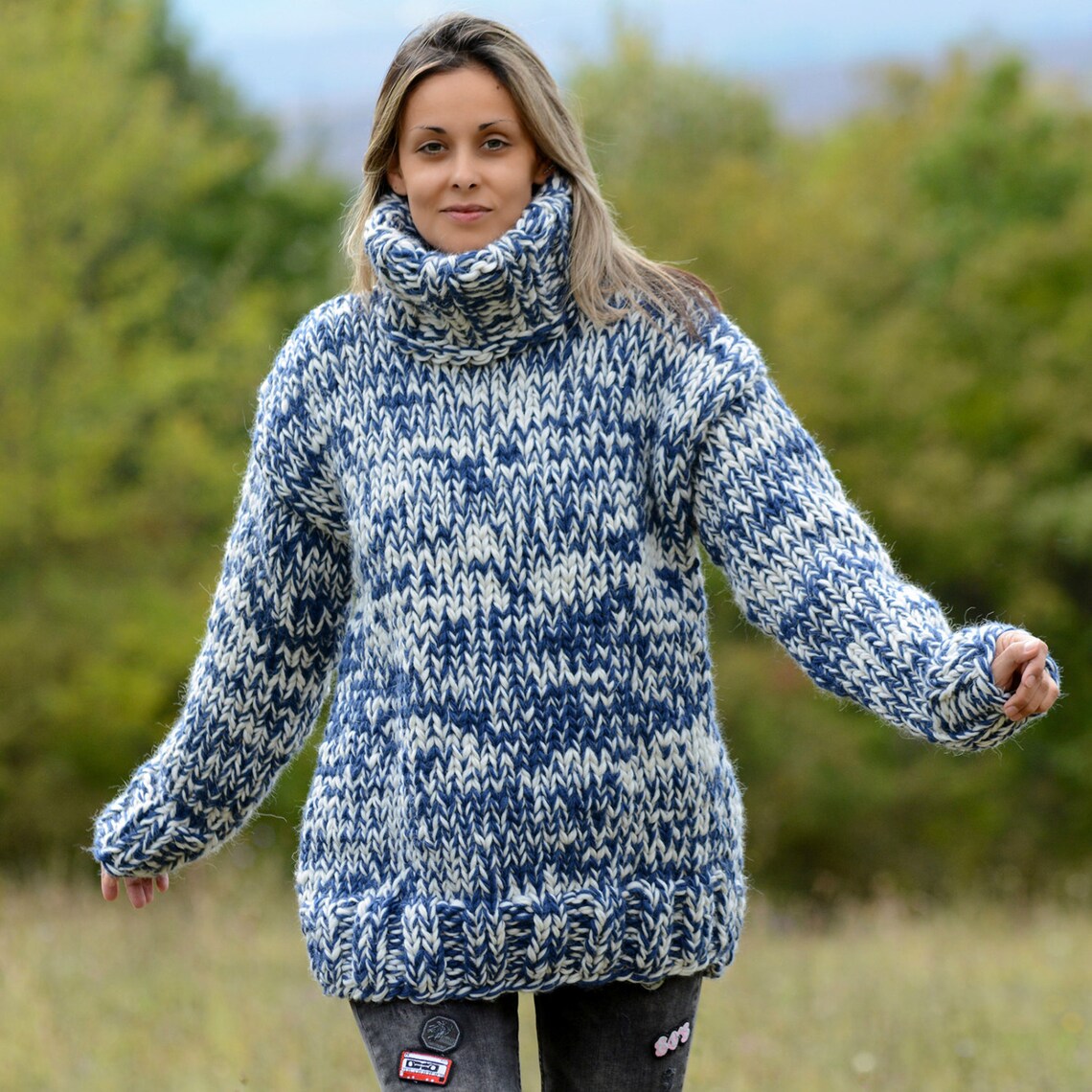 Mega Thick Hand Knitted Pure Wool Sweater Blue Mix Soft - Etsy