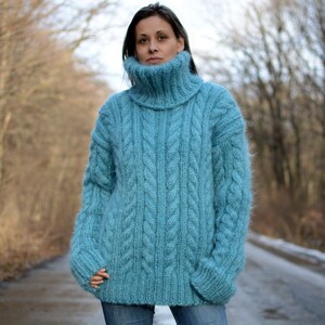 Hand Knit Mohair Sweater Cable Dull BLUE Fuzzy Turtleneck Jumper ...