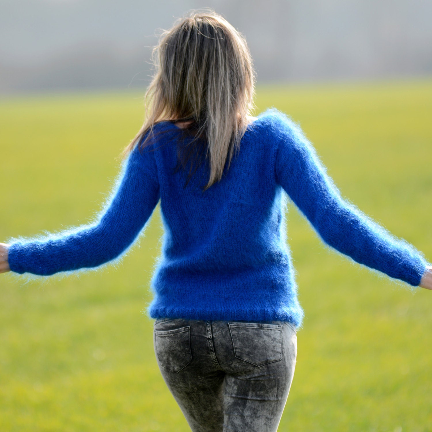 Hand Knit Mohair Sweater Blue Color Fuzzy Crew Neck Jumper Etsy