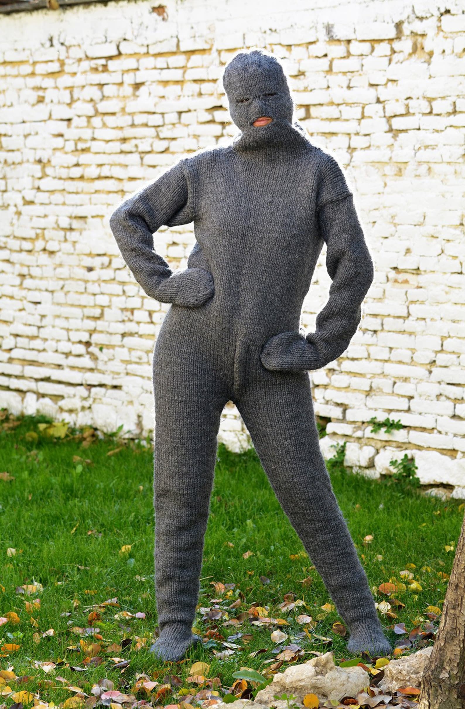 Hand Knitted Wool Catsuit Sweater Massive Gray Fuzzy Hooded Grey ...