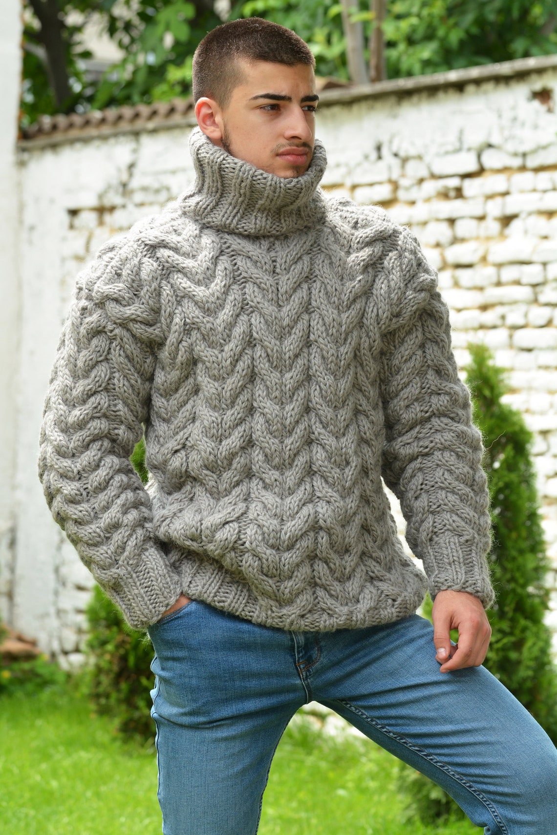 Designer Hand Knitted Wool Sweater Thick Cable Light Grey Mix - Etsy