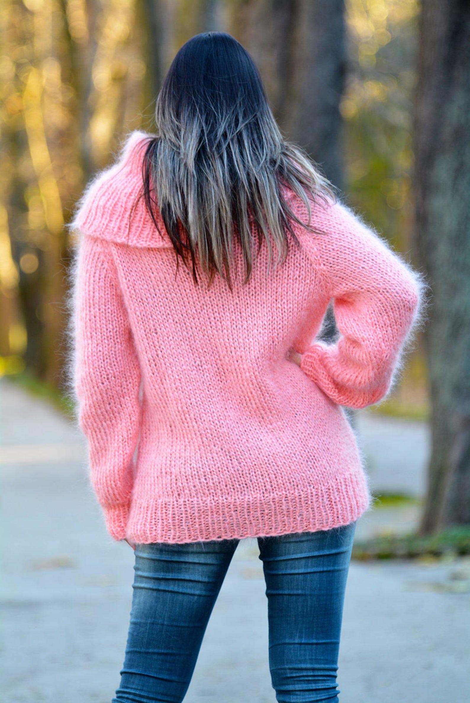 Rosa Pullover, Handgestrickter Mohair Pullover Rollkragen Fuzzy Pulli ...