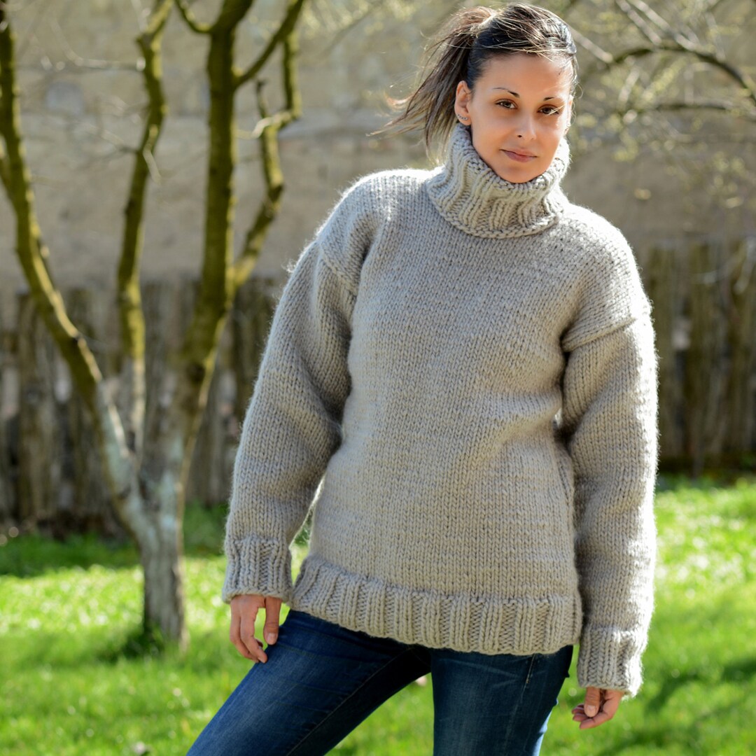 Hand Knitted Pure Wool Sweater Light Gray Soft Turtleneck - Etsy