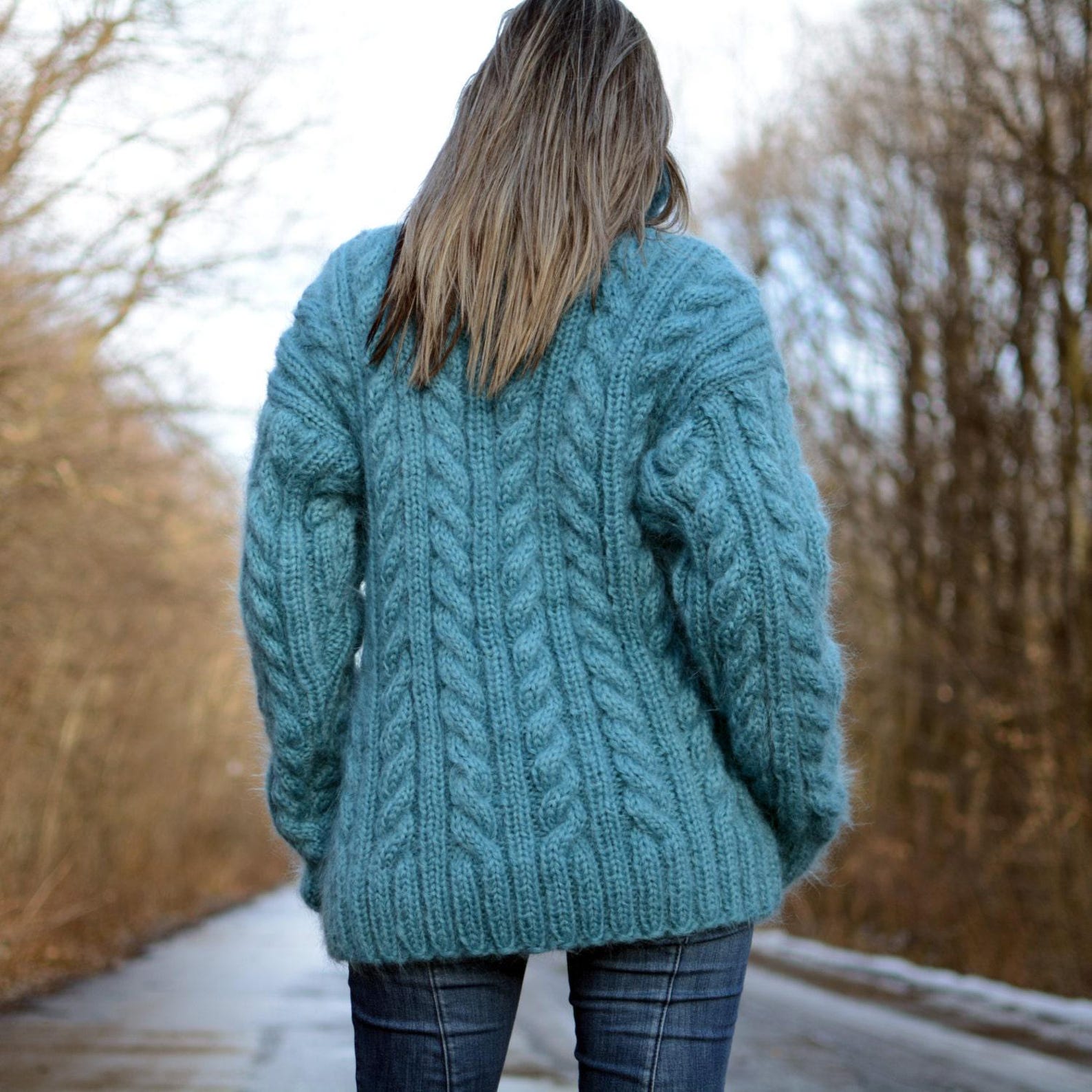 Hand Knit Mohair Sweater Cable Dull BLUE Fuzzy Turtleneck Jumper ...