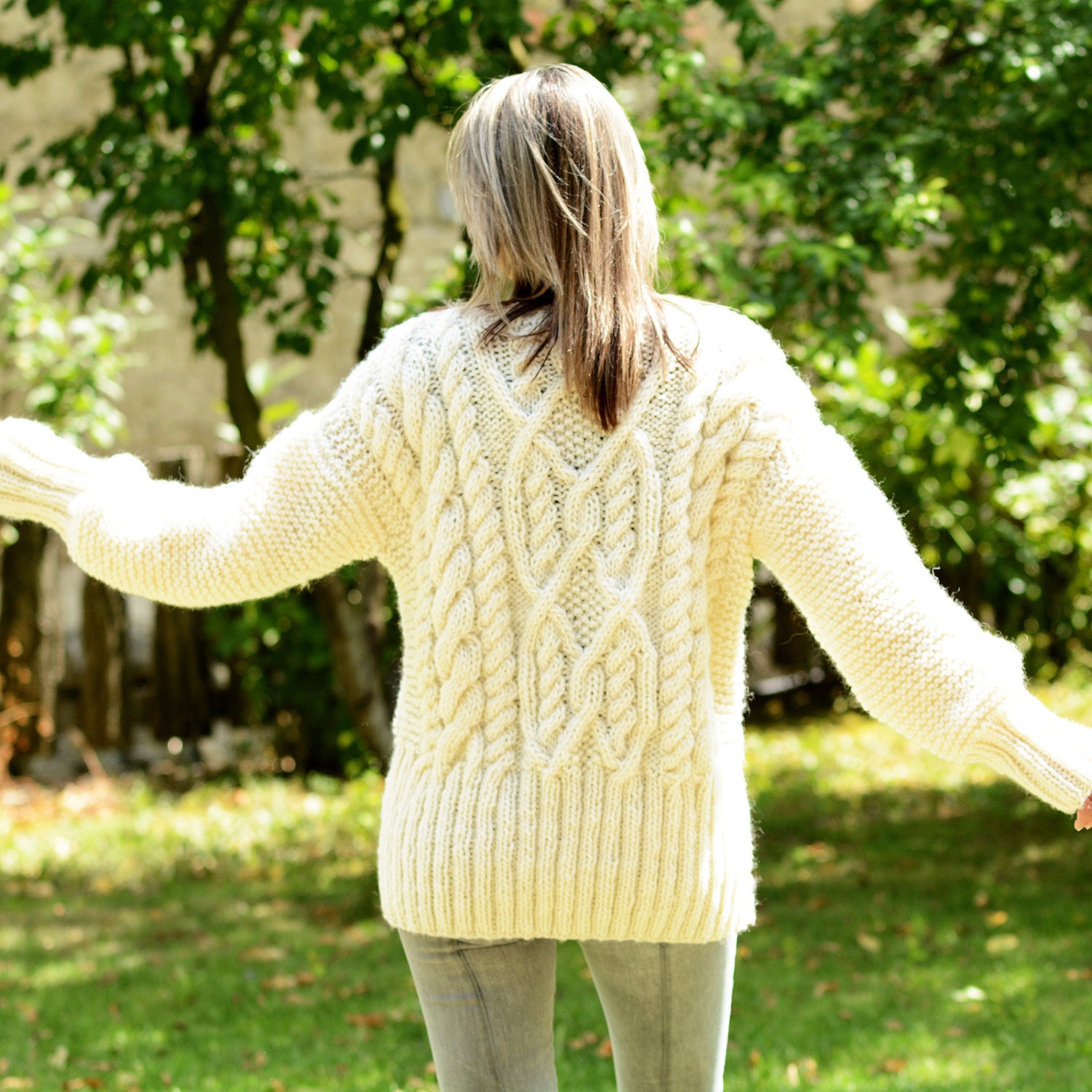 Hand Knitted Pure Wool Sweater White Soft Crew Neck Cable Jumper ...