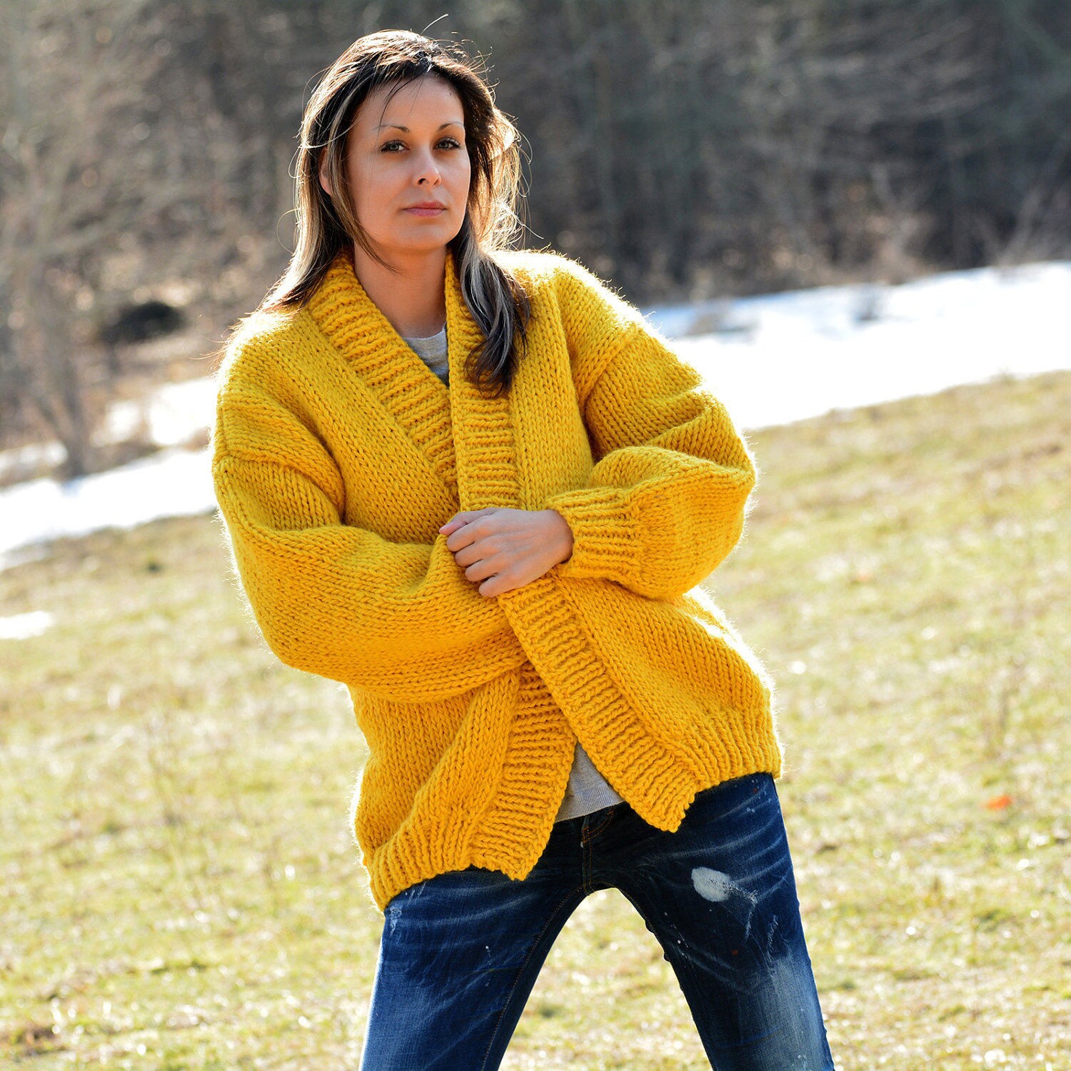 Hand Knitted 100% Wool Cardigan Oversized Yellow Designer Coat - Etsy