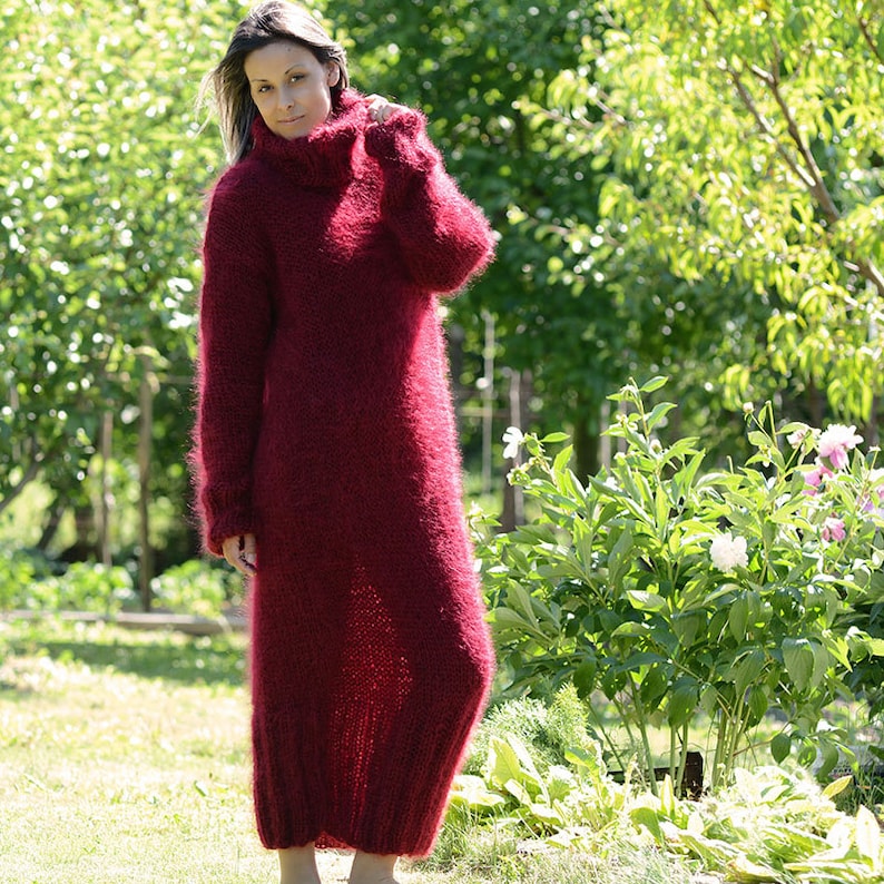 Hand Knit Mohair Turtleneck Dress Long Fuzzy Red Fluffy Fetish Etsy