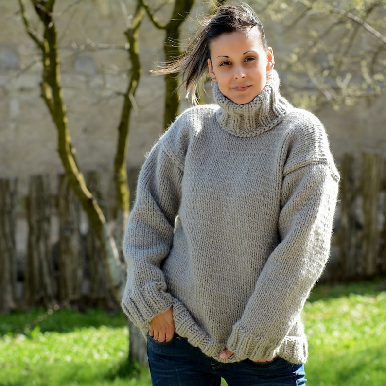 Hand Knitted pure Wool Sweater Light Gray Soft Turtleneck | Etsy