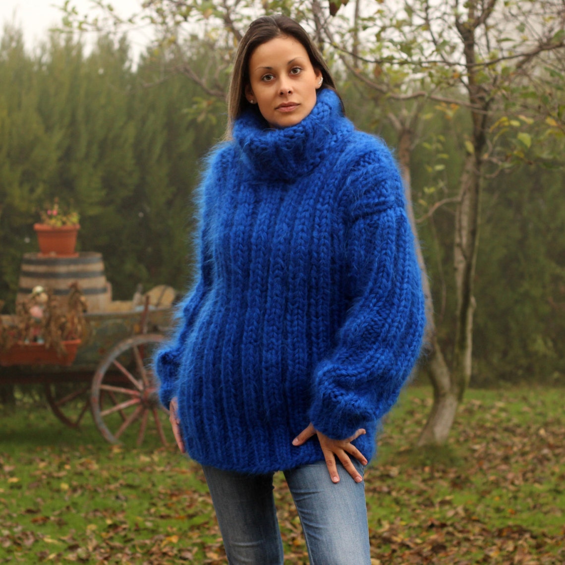 Hand Knit Mohair Sweater BLUE Ultra Thick 10 Strands Fuzzy | Etsy