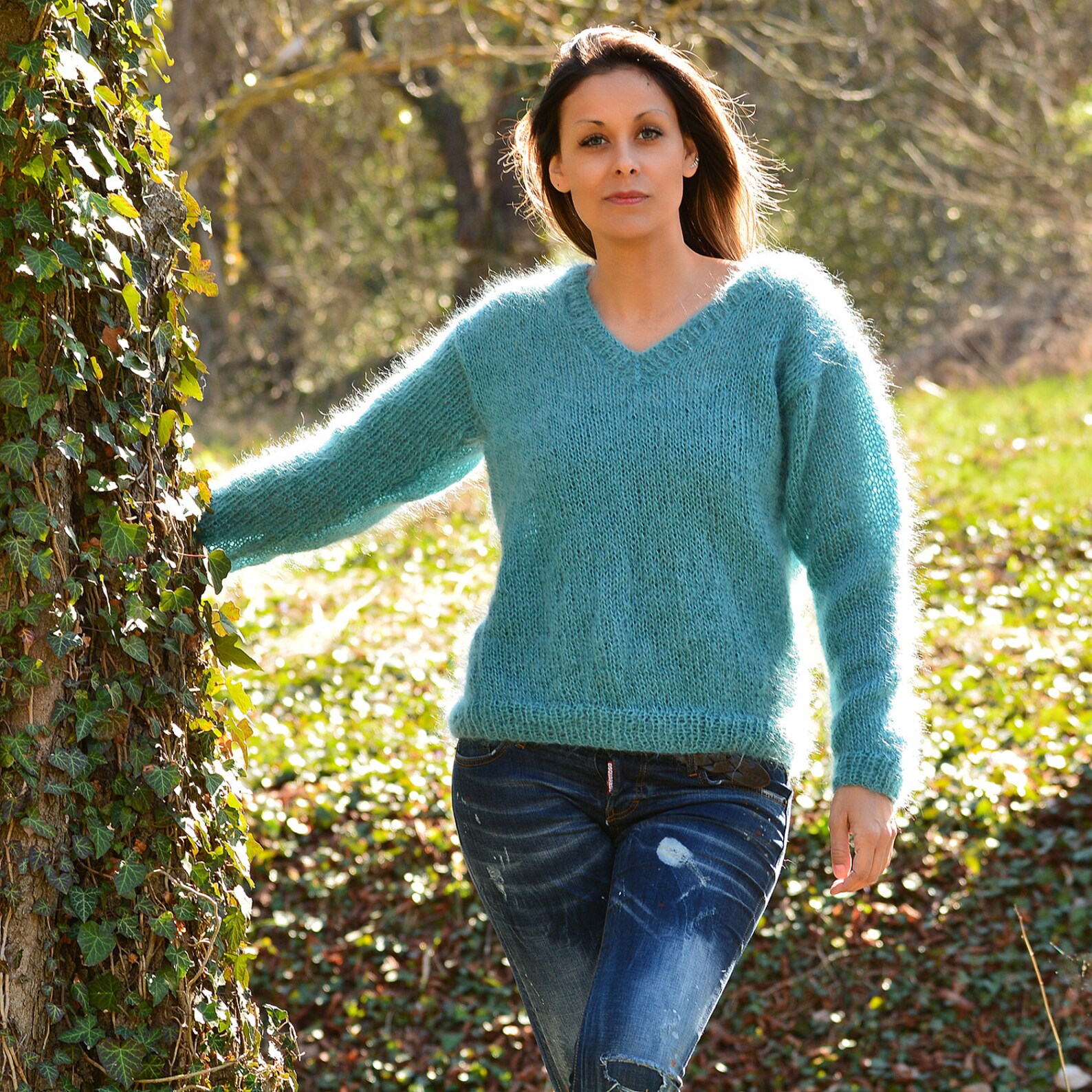 Hand Knit Mohair Sweater Light Blue Fuzzy Crew Neck Jumper - Etsy