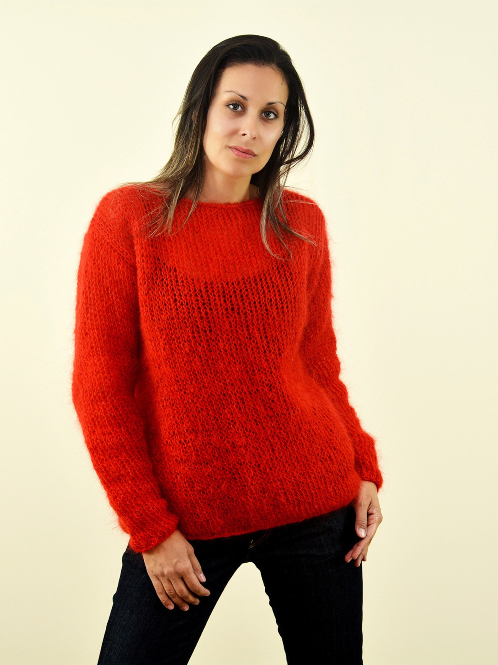 Hand Knitted Mohair Sweater Fuzzy Crew Neck Jumper Red Summer Pullover ...