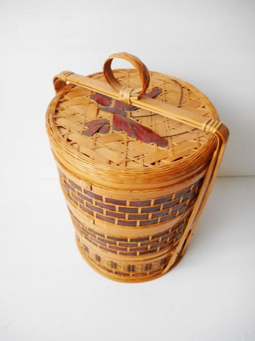 Bamboo Three Tier Sewing or Wedding Basket, Asian Inspired Picnic ...