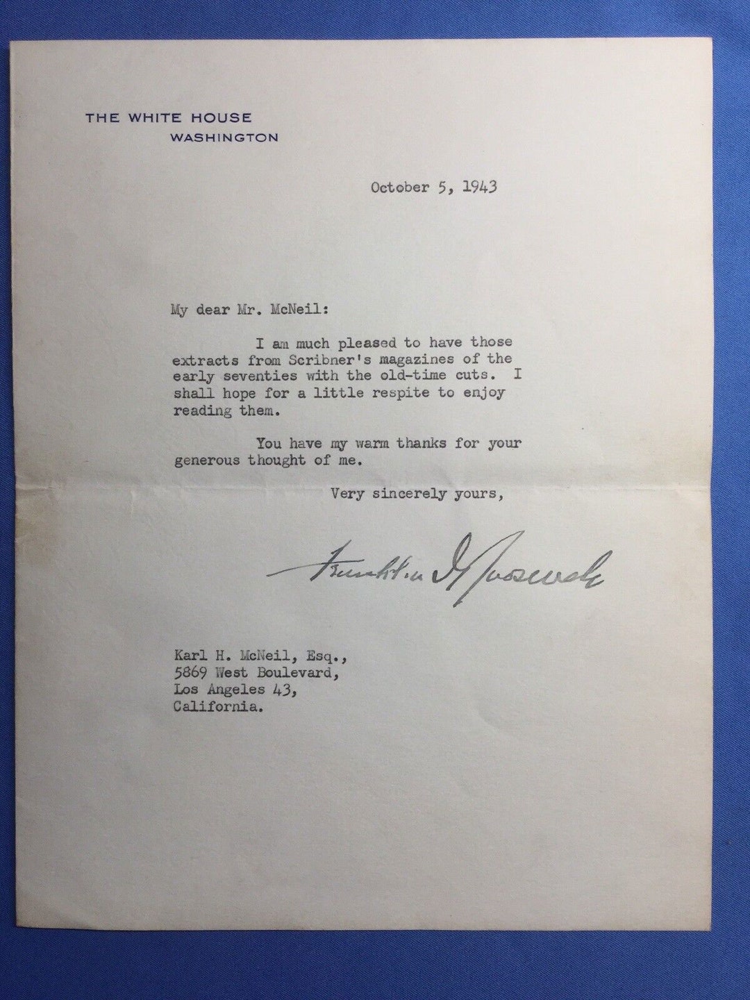 Franklin D. Roosevelt Typed Letter Signed 10/5/1943 Wartime Ww2 With ...