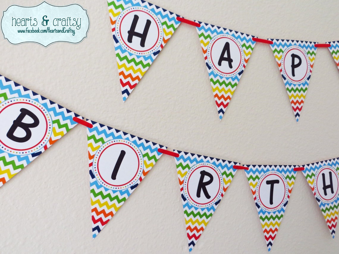 Rainbow Chevron Party Printable Happy Birthday Banner / Fiesta - FILE ...