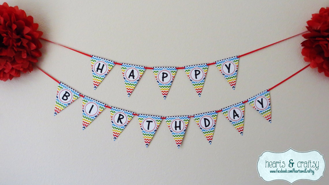 Rainbow Chevron Party Printable Happy Birthday Banner / Fiesta | Etsy