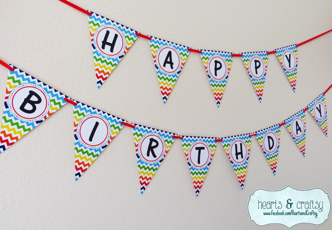 Rainbow Chevron Party Printable Happy Birthday Banner / Fiesta - FILE ...