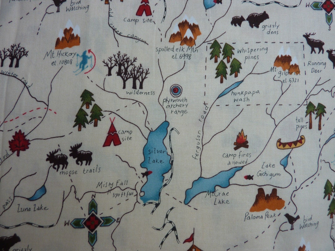 REST Happy Camper Map Hike Moose Wanderlust Canada 0.5 Meter Cotton ...
