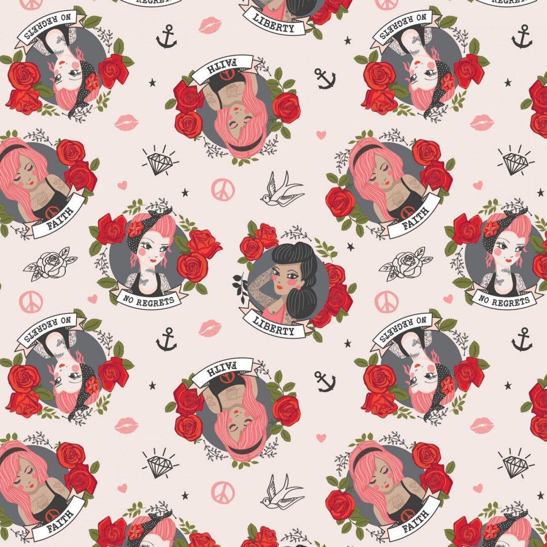Tattoo Girls Pin up Girls Camelot Fabric 0.5 Meter Cotton Fabric Sailor ...