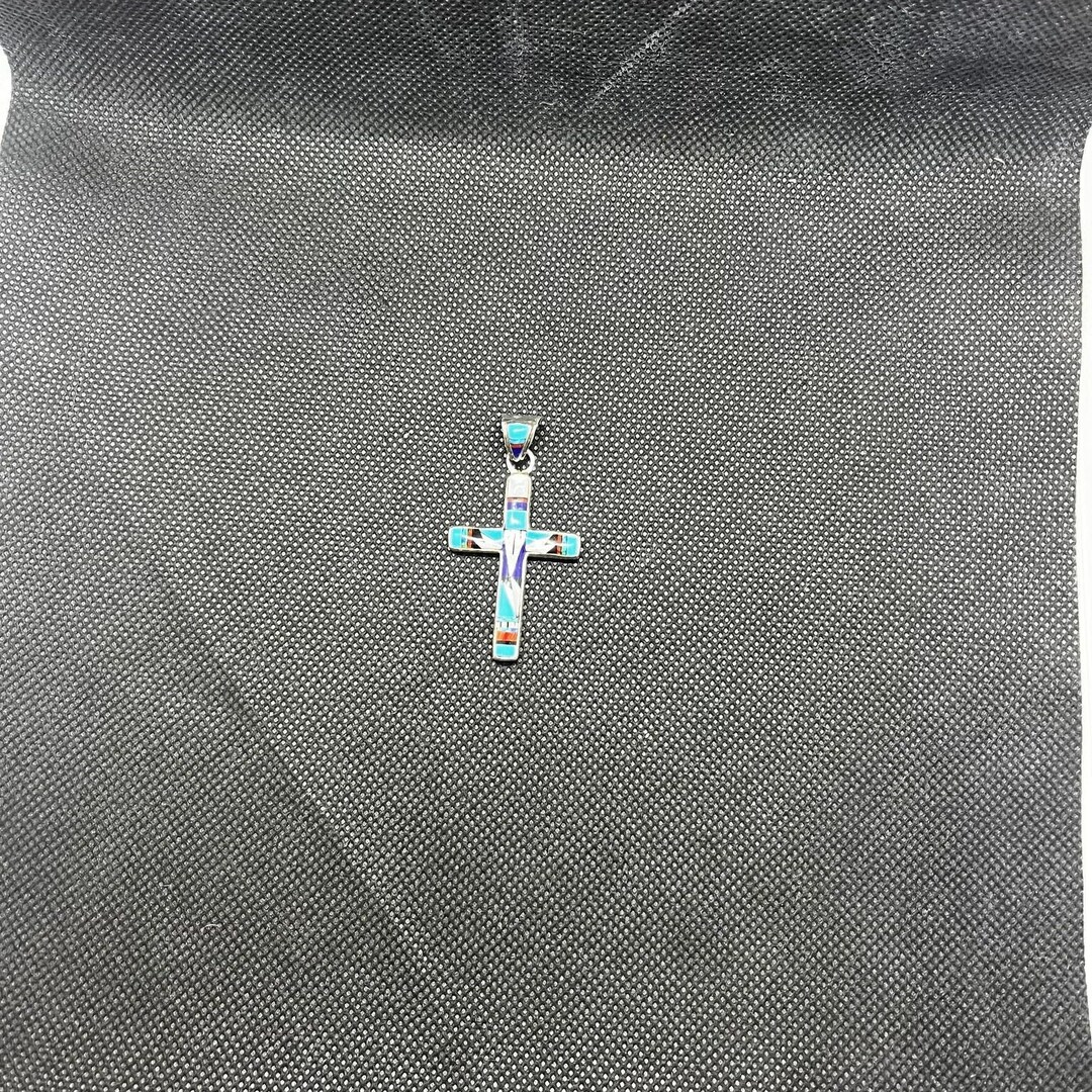 Vintage Turquoise Inlay Cross Sterling Silver Pendant - Etsy