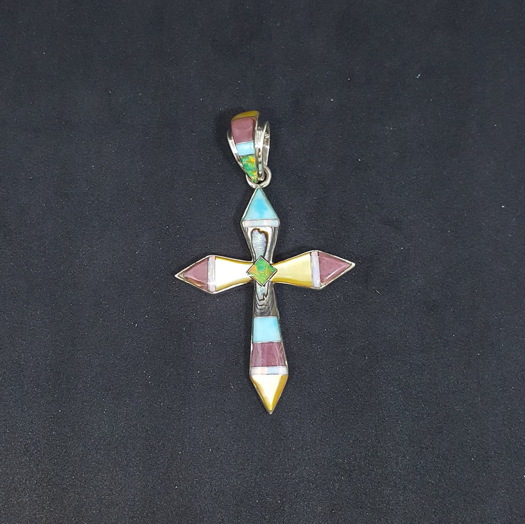 Inlay Cross Multi-stone Mother of Pearl Opal Abalone Shell Turquoise ...
