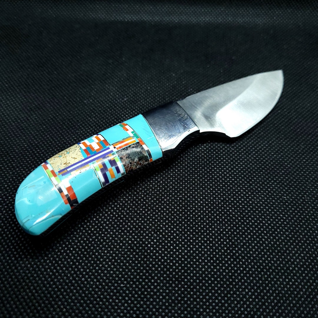 Inlay Turquoise Pocket Knife With Black Sheath Skinning Knife - Etsy