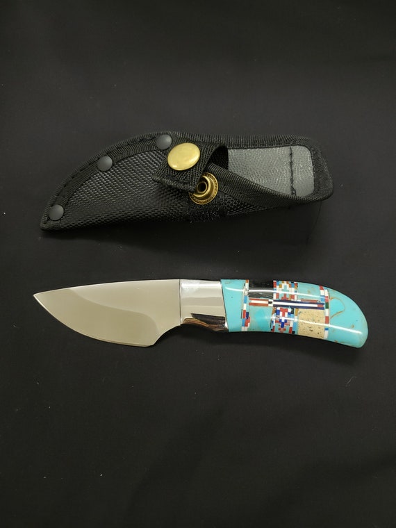 Inlay Turquoise Pocket Knife With Black Sheath Skinning Knife - Etsy