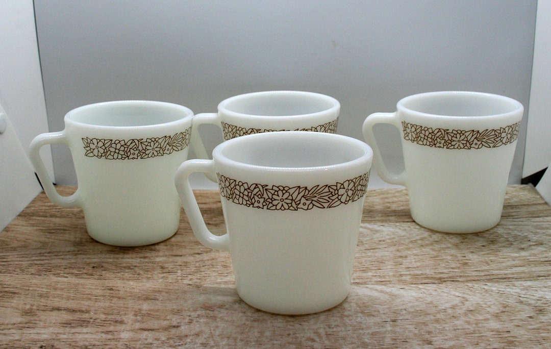 Vintage Pyrex Brown Woodlands Milk Glass Mugs Set of 4 Marked 1410 Made ...