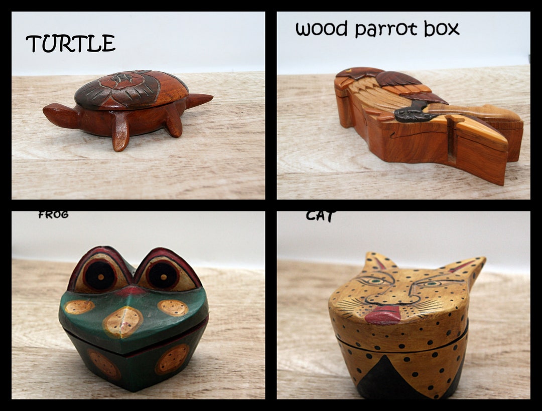 Beautiful Hand Painted and Carved Animal Wood Box, Cat Wood Box, Frog ...