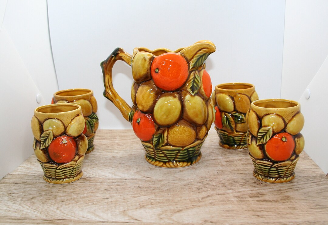 Mid Century Vintage Orange Spice Model Japan Pitcher and Juice Glasses ...
