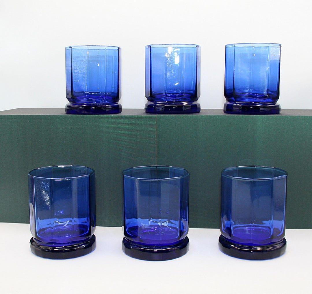 Vintage Blue Decagon Glasses Anchor Hocking Glasses Set 6, Geometric ...
