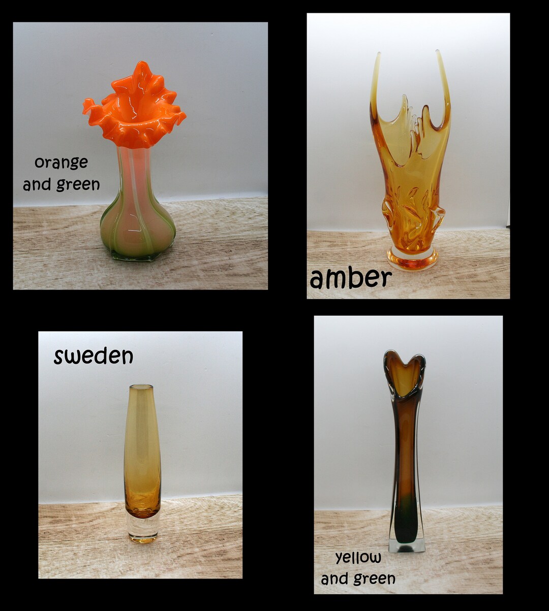 Flower Art Glass Vase, Midcentury 70s Blown Glass Flower Vase, Amber ...