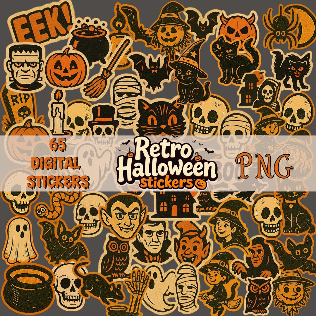 Retro Halloween Digital Sticker Bundle, PNG Download, Journal Supplies ...