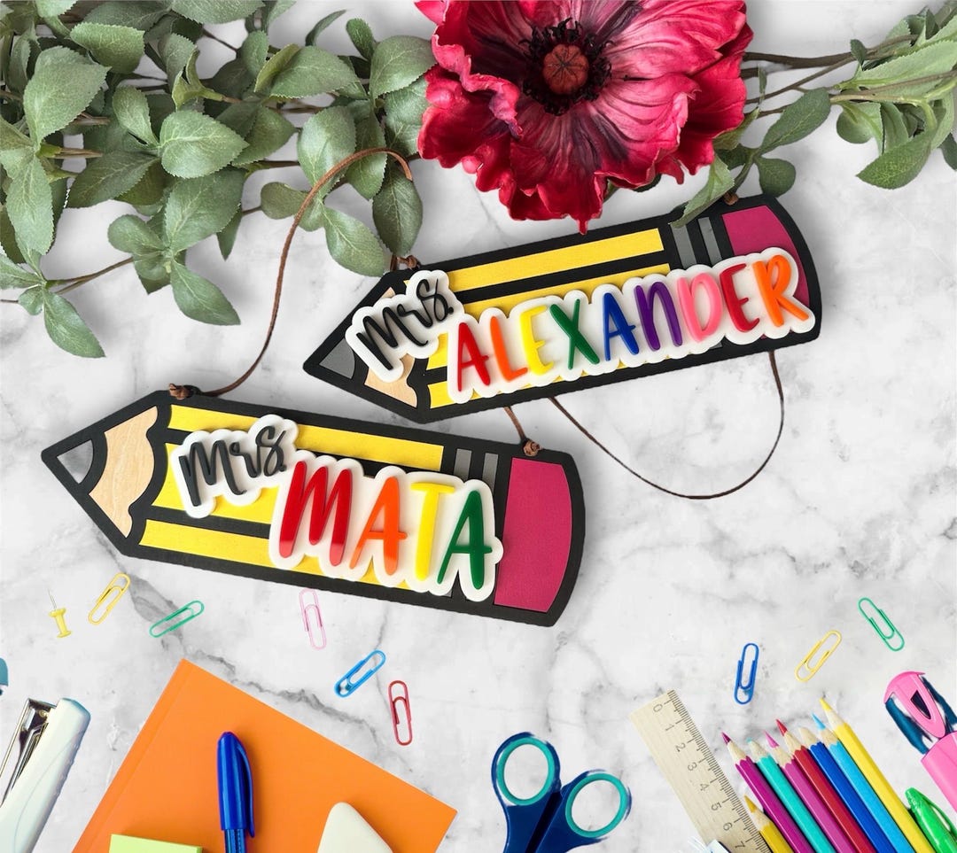 Custom Teacher Pencil Name Sign: 3D Door Hanger, Classroom Decor ...